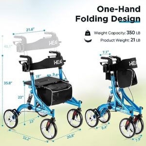 HEAO Rollator Walker with Seat for Seniors,4 x 10" Wheels Upright Walker with Shock Absorber,Padded Backrest and One-Hand Folding Design,Lightweight Mobility Walking Aid with Handle to Stand up,Blue