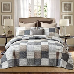 pangushan 100% cotton quilt set queen size,patchwork plaid queen quilt bedding set bedspreads,farmhouse lightweight comforter,grey/gray/black/tan/white/cream reversible quilt for queen bed,3 pieces