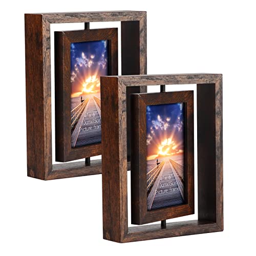 EXYGLO 2 Pack 4x6 Rustic Rotating Floating Picture Frames, Photo Frames for Vertical or Horizontal Tabletop Display, Brown