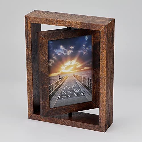 EXYGLO 2 Pack 4x6 Rustic Rotating Floating Picture Frames, Photo Frames for Vertical or Horizontal Tabletop Display, Brown