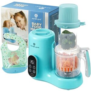 amplim baby food maker for nutritious homemade meals | 11-in-1 processor with steam, blend, puree, grinder, chopper, juicer, defroster, reheater, cooker, meal station, and bottle sanitizer and warmer