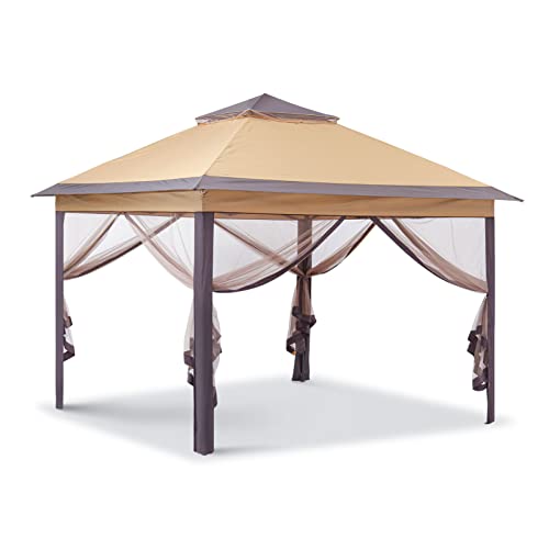 11'x11' Pop Up Canopy Tent Patio Gazebo for Outdoor Life with Mosquito Netting (Square Without LED Solar Lights), Brown