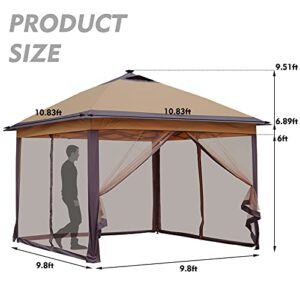 11'x11' Pop Up Canopy Tent Patio Gazebo for Outdoor Life with Mosquito Netting (Square Without LED Solar Lights), Brown