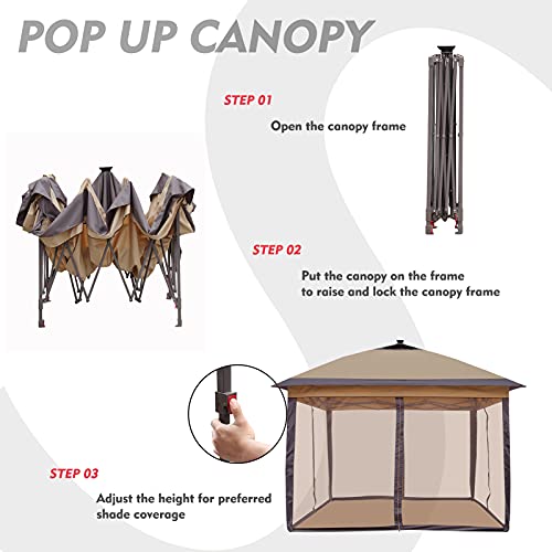 11'x11' Pop Up Canopy Tent Patio Gazebo for Outdoor Life with Mosquito Netting (Square Without LED Solar Lights), Brown