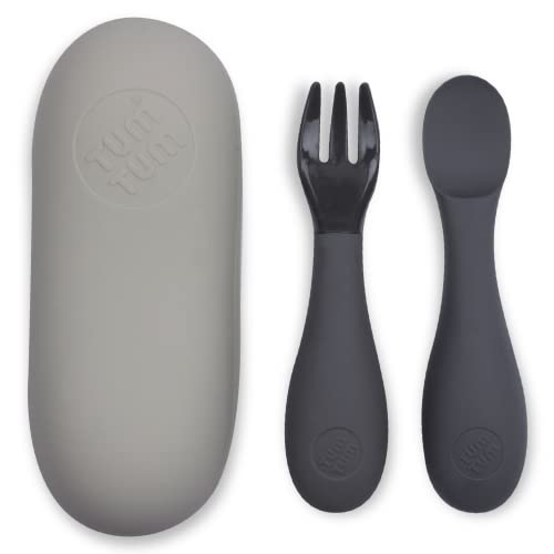 TUM TUM Baby Cutlery with Case, Baby Spoon & Fork Set, Baby Cutlery for Babies, First self Feeding Cutlery, Silicone Baby Spoon & Fork, 6 Months Plus, (Grey)