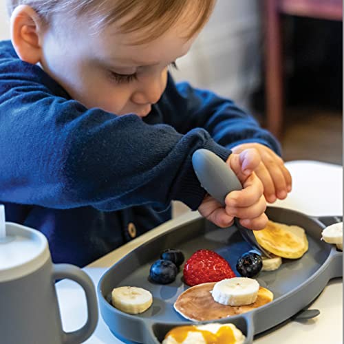 TUM TUM Baby Cutlery with Case, Baby Spoon & Fork Set, Baby Cutlery for Babies, First self Feeding Cutlery, Silicone Baby Spoon & Fork, 6 Months Plus, (Grey)