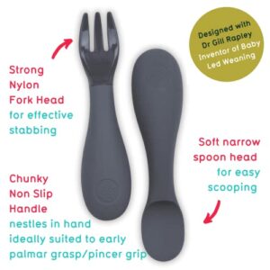 TUM TUM Baby Cutlery with Case, Baby Spoon & Fork Set, Baby Cutlery for Babies, First self Feeding Cutlery, Silicone Baby Spoon & Fork, 6 Months Plus, (Grey)