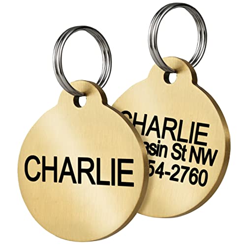 GoTags Personalized Pet ID Tags, Solid Brass Dog Tags and Cat Tags, up to 6 Lines of Custom Text, Engraved on Both Sides, Bone, Round, and Heart Shapes