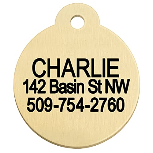 GoTags Personalized Pet ID Tags, Solid Brass Dog Tags and Cat Tags, up to 6 Lines of Custom Text, Engraved on Both Sides, Bone, Round, and Heart Shapes