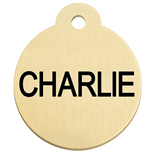 GoTags Personalized Pet ID Tags, Solid Brass Dog Tags and Cat Tags, up to 6 Lines of Custom Text, Engraved on Both Sides, Bone, Round, and Heart Shapes