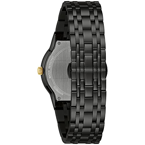 Bulova Men's Modern Black Ion-Plated Stainless Steel 3-Hand Calendar Date Quartz Watch, Gold Tone Accents and Diamond Dial, 40mm Style: 98D166