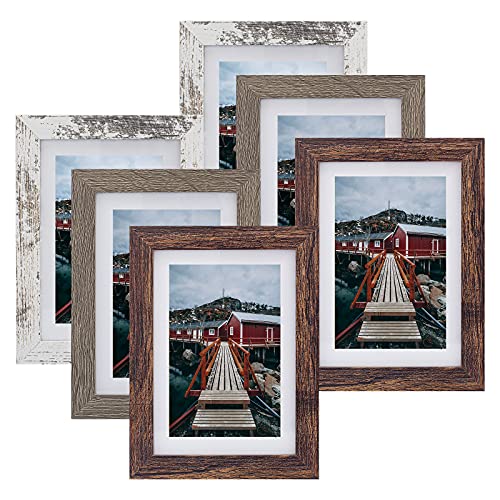 BEYAHELA Rustic 5x7 Picture Frame Set 6 Pack, White 5x7 Photo Frames, Display 4x6 With Mat, Distressed Wood Picture Frames 5x7 with Mounting Hardware Display for TableTop or Wall Decoration(Mixed)