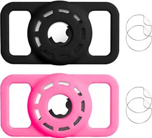 marval airtag dog collar holder + 4 pcs protective film compatible with apple air tag cat pet case, protective waterproof silicone small for puppy (b black+glowpink 2 pack)