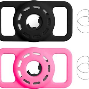 MARVAL Airtag Dog Collar Holder + 4 pcs Protective Film Compatible with Apple Air Tag Cat Pet Case, Protective Waterproof Silicone Small for Puppy (B Black+GlowPink 2 Pack)