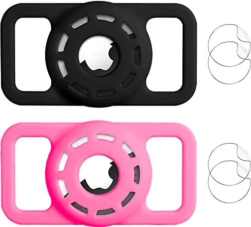 MARVAL Airtag Dog Collar Holder + 4 pcs Protective Film Compatible with Apple Air Tag Cat Pet Case, Protective Waterproof Silicone Small for Puppy (B Black+GlowPink 2 Pack)