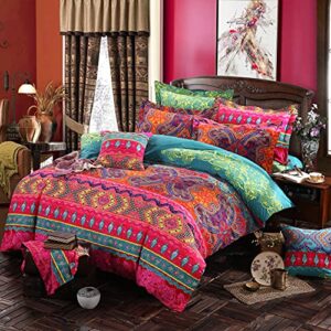 FADFAY Exotic Boho Duvet Cover Set Queen 100% Brushed Cotton Soft Bohemian Bedding Red Teal Mandala Printed Bedding Reversible Striped Zipper Bed Comforter Cover + 2 Pillowshams- Queen, 3 Pcs