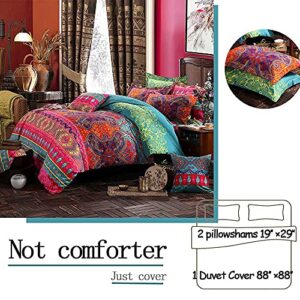 FADFAY Exotic Boho Duvet Cover Set Queen 100% Brushed Cotton Soft Bohemian Bedding Red Teal Mandala Printed Bedding Reversible Striped Zipper Bed Comforter Cover + 2 Pillowshams- Queen, 3 Pcs