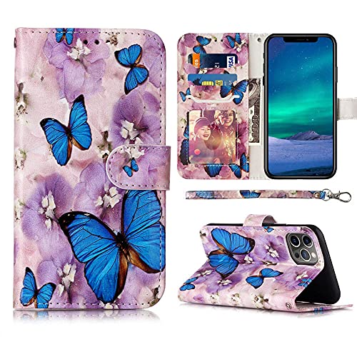 JanCalm Compatible with iPhone 12 Wallet Case/iPhone 12 Pro Wallet Case, Floral Pattern PU Leather [Wrist Strap][Card/Cash Slots] Stand Flip Cover for iPhone 12/12 Pro 6.1 inch (Butterfly/Purple)