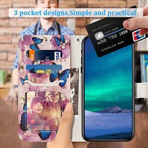 JanCalm Compatible with iPhone 12 Wallet Case/iPhone 12 Pro Wallet Case, Floral Pattern PU Leather [Wrist Strap][Card/Cash Slots] Stand Flip Cover for iPhone 12/12 Pro 6.1 inch (Butterfly/Purple)