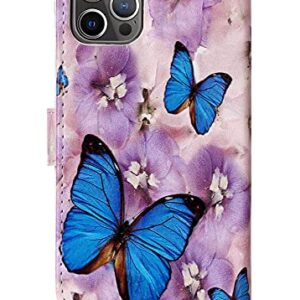 JanCalm Compatible with iPhone 12 Wallet Case/iPhone 12 Pro Wallet Case, Floral Pattern PU Leather [Wrist Strap][Card/Cash Slots] Stand Flip Cover for iPhone 12/12 Pro 6.1 inch (Butterfly/Purple)