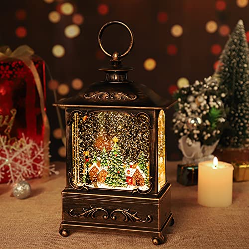 Christmas Lantern,Snow Globe Decoration Lanterns,Lit Snow Globe Lanterns Crystal Sparkle,Suitable for Outdoor Garden and Room Decoration,Music Carols and Blessings(Forest House)