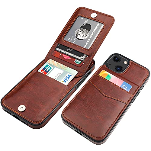 KIHUWEY Compatible with iPhone 13 Case Wallet with Credit Card Holder, Premium Leather Magnetic Clasp Kickstand Heavy Duty Protective Cover for iPhone 13 6.1 inch(Brown)