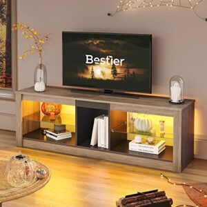 bestier entertainment center led gaming tv stand for 55+ inch tv adjustable glass shelves 22 dynamic rgb modes tv cabinet game console ps4, wash gray