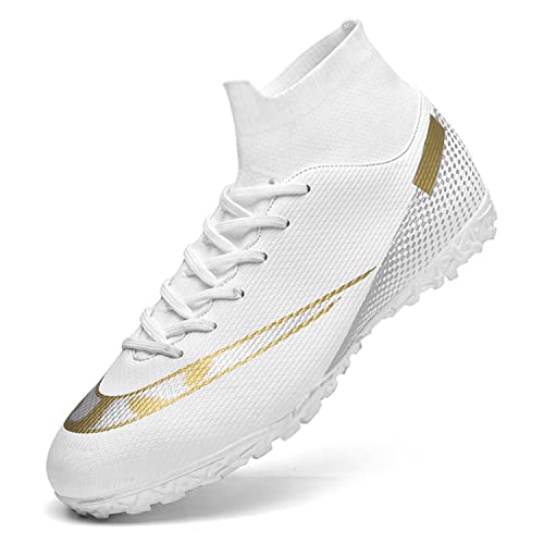 HaloTeam Men's Soccer Shoes Cleats Professional High-Top Breathable Athletic Football Boots for Outdoor Indoor TF/AG,R2150 White,3 US