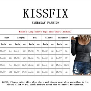 Kissfix Long Sleeve Shirts for Women 2023 Fall Fashion Clothes Sweaters Outfits Button Down Juniors Henley Tops Ribbed Knit Blouses Trendy Tshirts Black Grey