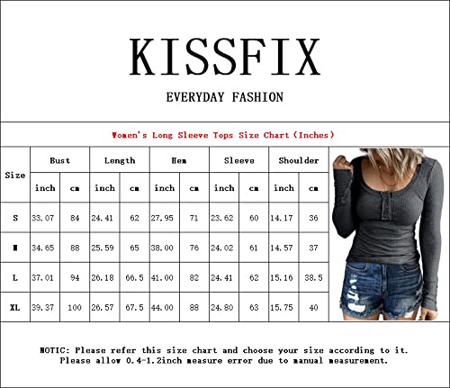 Kissfix Long Sleeve Shirts for Women 2023 Fall Fashion Clothes Sweaters Outfits Button Down Juniors Henley Tops Ribbed Knit Blouses Trendy Tshirts Black Grey