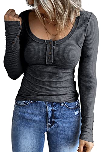 Kissfix Long Sleeve Shirts for Women 2023 Fall Fashion Clothes Sweaters Outfits Button Down Juniors Henley Tops Ribbed Knit Blouses Trendy Tshirts Black Grey