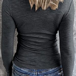 Kissfix Long Sleeve Shirts for Women 2023 Fall Fashion Clothes Sweaters Outfits Button Down Juniors Henley Tops Ribbed Knit Blouses Trendy Tshirts Black Grey