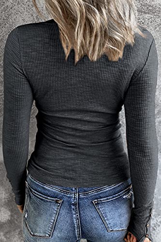 Kissfix Long Sleeve Shirts for Women 2023 Fall Fashion Clothes Sweaters Outfits Button Down Juniors Henley Tops Ribbed Knit Blouses Trendy Tshirts Black Grey