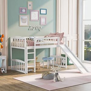 merax solid wood bunk bed with removable slide and ladder for kids, no box spring needed