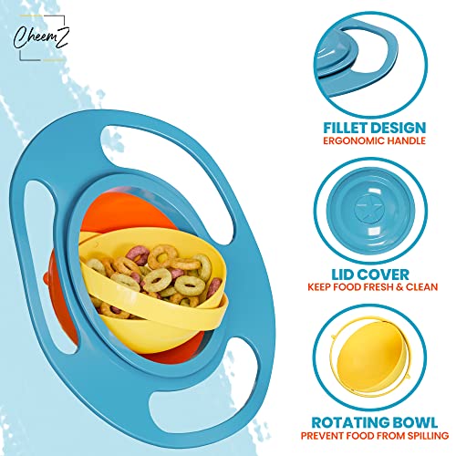 CheemZ Gyro Bowl for Toddlers-Baby Magic Bowl-360 for Kids Age 1 To 3 Years-Spill Resistant Bowls for Toddlers with Lid and 360 Bowl Rotations, Mess Free Snack Bowls for Toddlers, 17 x 17 x 7cm - Blue