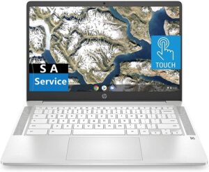 hp 14in touchscreen chromebook, intel celeron n4000, 4gb ram, 64gb emmc, wifi, bluetooth, webcam, audio by b&o, sa service, chrome os, brilliant silver (renewed)