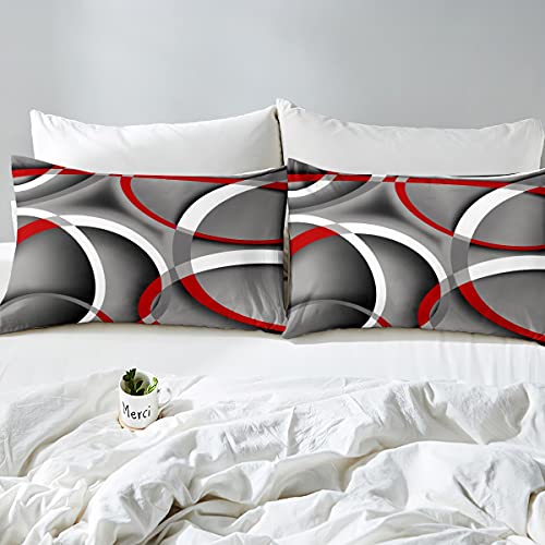 Modern Geometric Lines Duvet Cover King Size for Boys Women Men Gray Black Red Swirls Bedding Set Retro Lines Comforter Cover Modern Abstract Bedspread Cover with 2 Pillow Shams Microfiber Quilt Cover