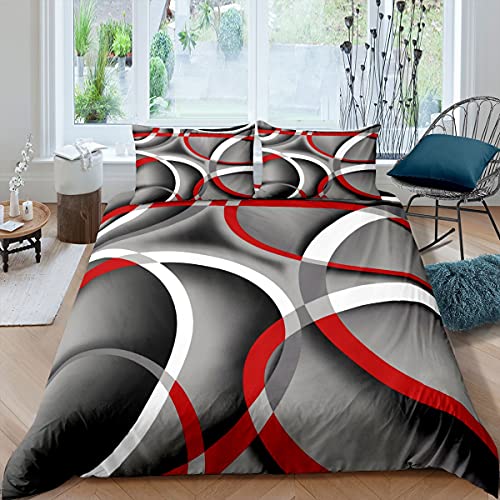 Modern Geometric Lines Duvet Cover King Size for Boys Women Men Gray Black Red Swirls Bedding Set Retro Lines Comforter Cover Modern Abstract Bedspread Cover with 2 Pillow Shams Microfiber Quilt Cover