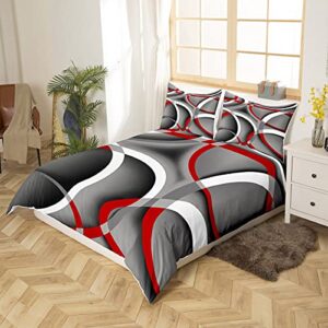 Modern Geometric Lines Duvet Cover King Size for Boys Women Men Gray Black Red Swirls Bedding Set Retro Lines Comforter Cover Modern Abstract Bedspread Cover with 2 Pillow Shams Microfiber Quilt Cover