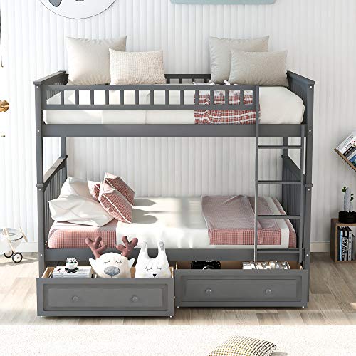 Harper & Bright Designs Full Over Full Wood Bunk Bed with Two Storage Drawers and Ladder, Convertible Storage Bunk Bed Can Be Divided Into Two Full Size Daybeds (Grey)