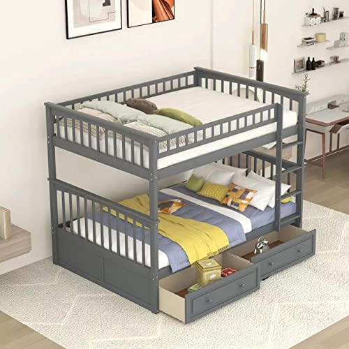 Harper & Bright Designs Full Over Full Wood Bunk Bed with Two Storage Drawers and Ladder, Convertible Storage Bunk Bed Can Be Divided Into Two Full Size Daybeds (Grey)