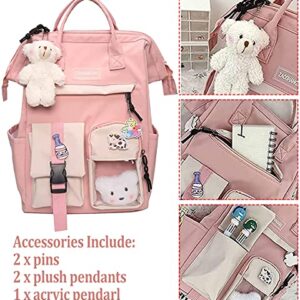 Skyearman Kawaii Backpack with Kawaii Pin Bear Pendant and Pencil Pouch Cute Backpack for Girls Kawaii Schoolbag Aesthetic Backpack, Pink