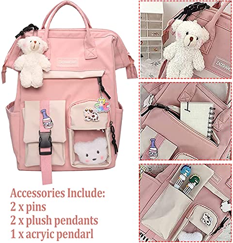 Skyearman Kawaii Backpack with Kawaii Pin Bear Pendant and Pencil Pouch Cute Backpack for Girls Kawaii Schoolbag Aesthetic Backpack, Pink