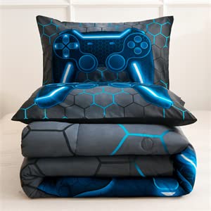 NTBED Game Console Comforter Set for Boys Girls Kids 3D Gaming Geometric Lightweight Microfiber Bedding Sets (Blue, Twin)