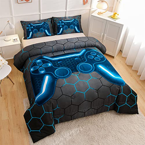 NTBED Game Console Comforter Set for Boys Girls Kids 3D Gaming Geometric Lightweight Microfiber Bedding Sets (Blue, Twin)