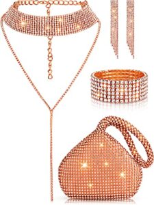 quelay 4 pieces women crystal jewelry set rhinestone tassel necklace stretch bangle bracelet crystal dangle fringe earrings and rhinestone handbag for wedding party (medium, rose gold)