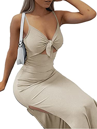 LYANER Women's Tie Knot Cut Out Side Split Hem Sleeveless Knit Bodycon Maxi Dress Beige Medium