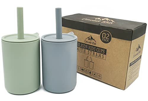 Cascade Kids Silicone Kids Cups with Straws and Lids, (2 Pack),100% Food Grade Silicone,Non Plastic, BPA-Free, Unbreakable, Smell Proof, for Kids and Toddlers 6+ Months, 6oz, (Sage Green, Stone Grey)