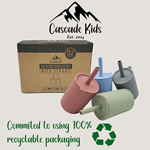 Cascade Kids Silicone Kids Cups with Straws and Lids, (2 Pack),100% Food Grade Silicone,Non Plastic, BPA-Free, Unbreakable, Smell Proof, for Kids and Toddlers 6+ Months, 6oz, (Sage Green, Stone Grey)