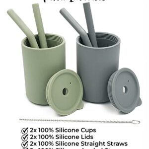 Cascade Kids Silicone Kids Cups with Straws and Lids, (2 Pack),100% Food Grade Silicone,Non Plastic, BPA-Free, Unbreakable, Smell Proof, for Kids and Toddlers 6+ Months, 6oz, (Sage Green, Stone Grey)